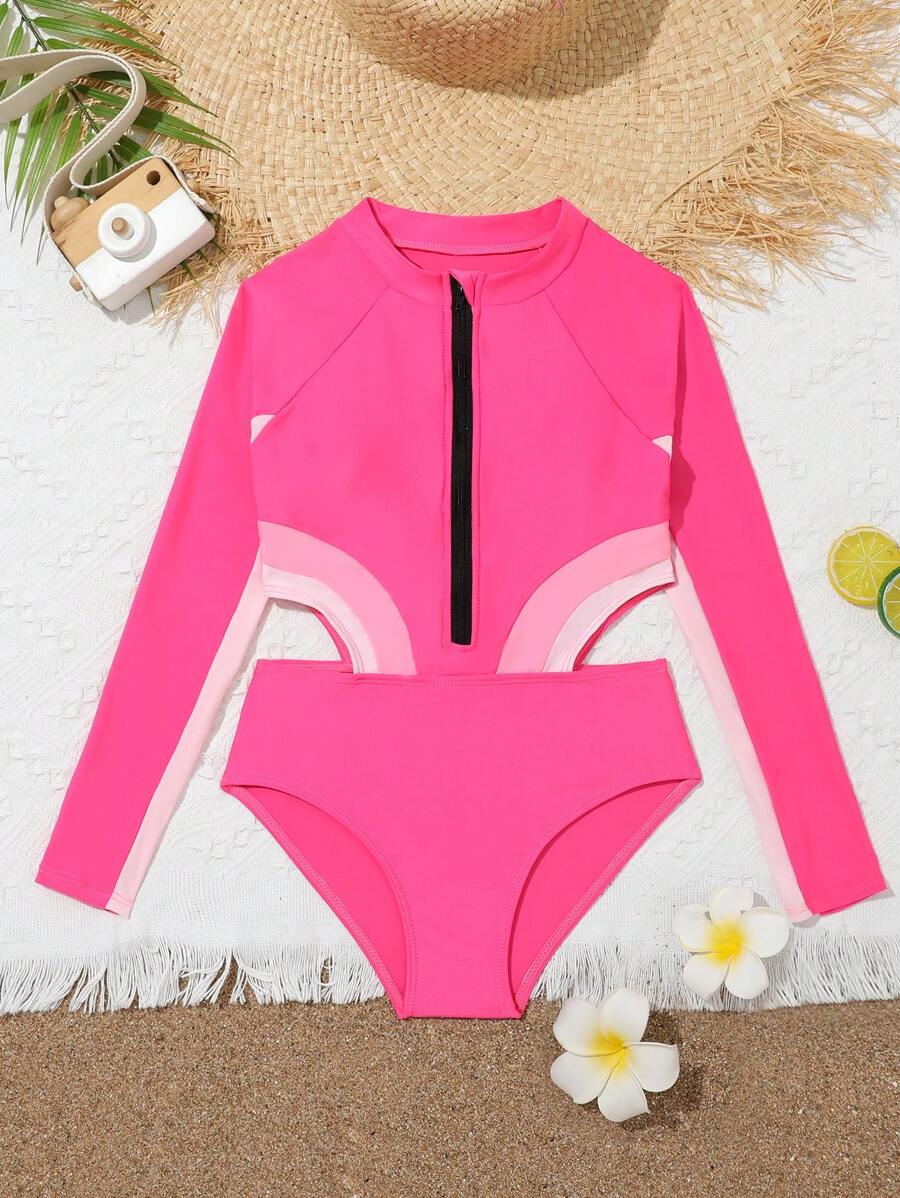 Tween Girl Colorblock Zipper Front One Piece Swimsuit | SHEIN USA