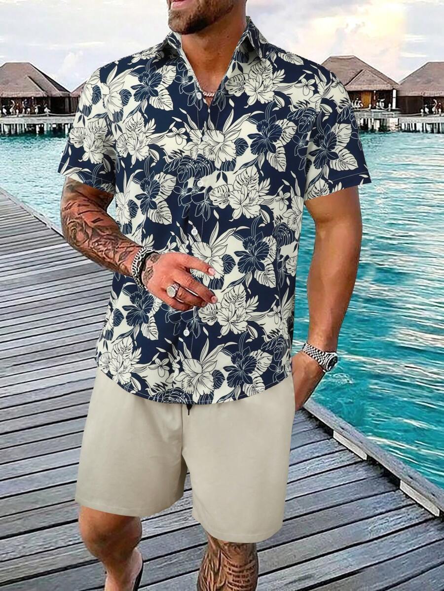 Manfinity RSRT Men Floral Print Shirt & Drawstring Waist Shorts | SHEIN USA