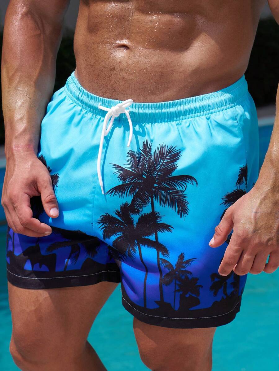 Manfinity Swimmode Men Coconut Tree Print Drawstring Waist Swim Trunks ...