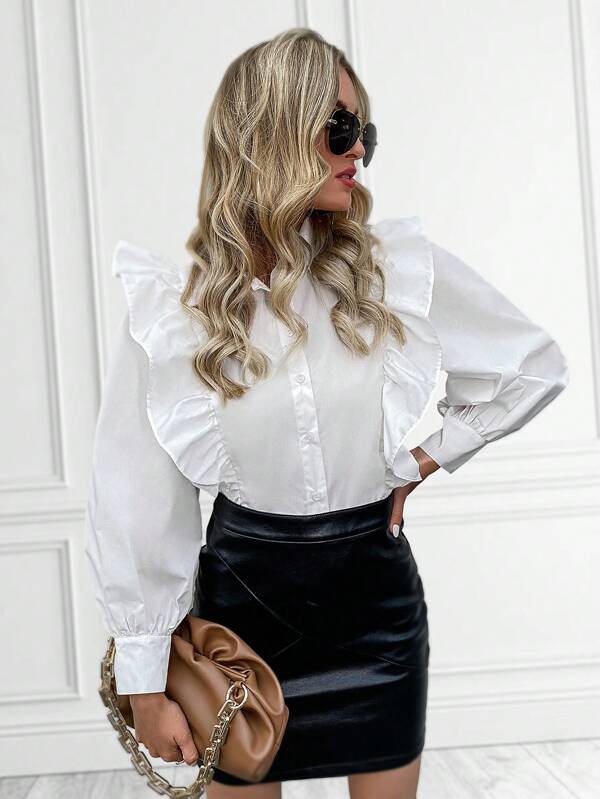 SHEIN BIZwear Solid Ruffle Trim Button Up Shirt Workwear | SHEIN UK