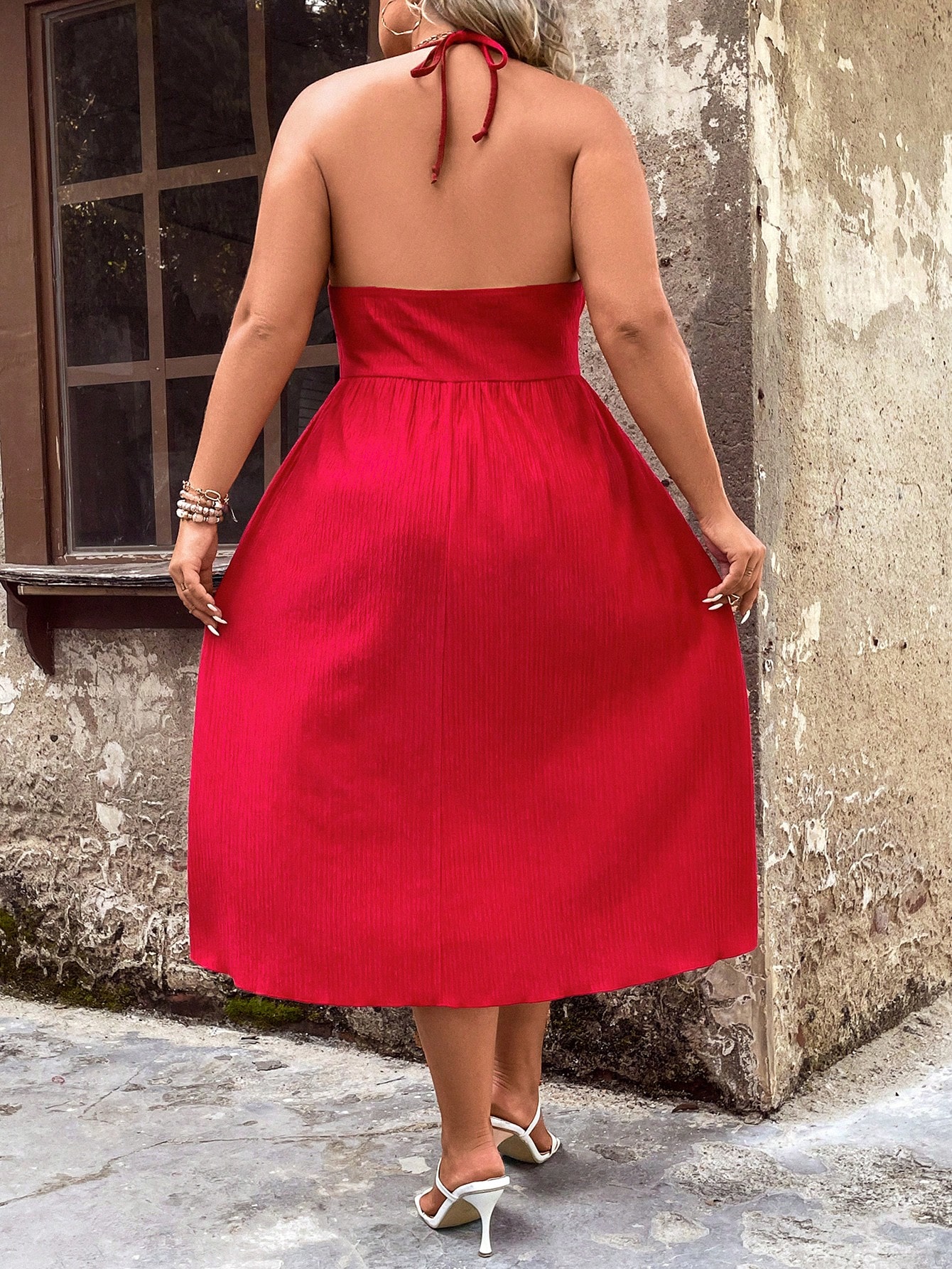 SHEIN Unity Plus Solid Tie Backless Halter Neck Dress | SHEIN USA