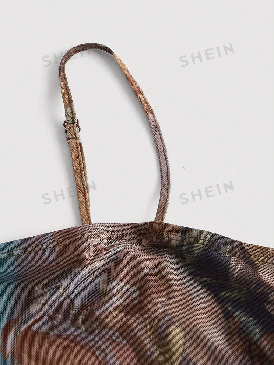 SHEIN MOD Figure Graphic Lettuce Trim Mesh Cami Dress | SHEIN UK