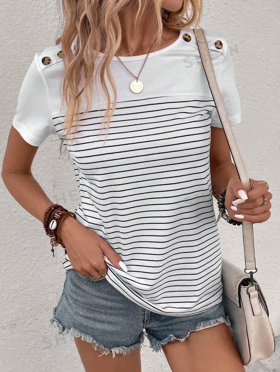 SHEIN LUNE Summer Women's Round Neck T-Shirt With Decorative Buttons ...