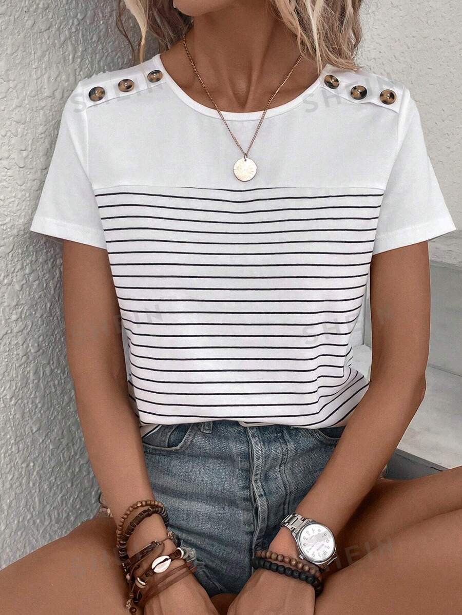 SHEIN LUNE Summer Women's Round Neck T-Shirt With Decorative Buttons ...