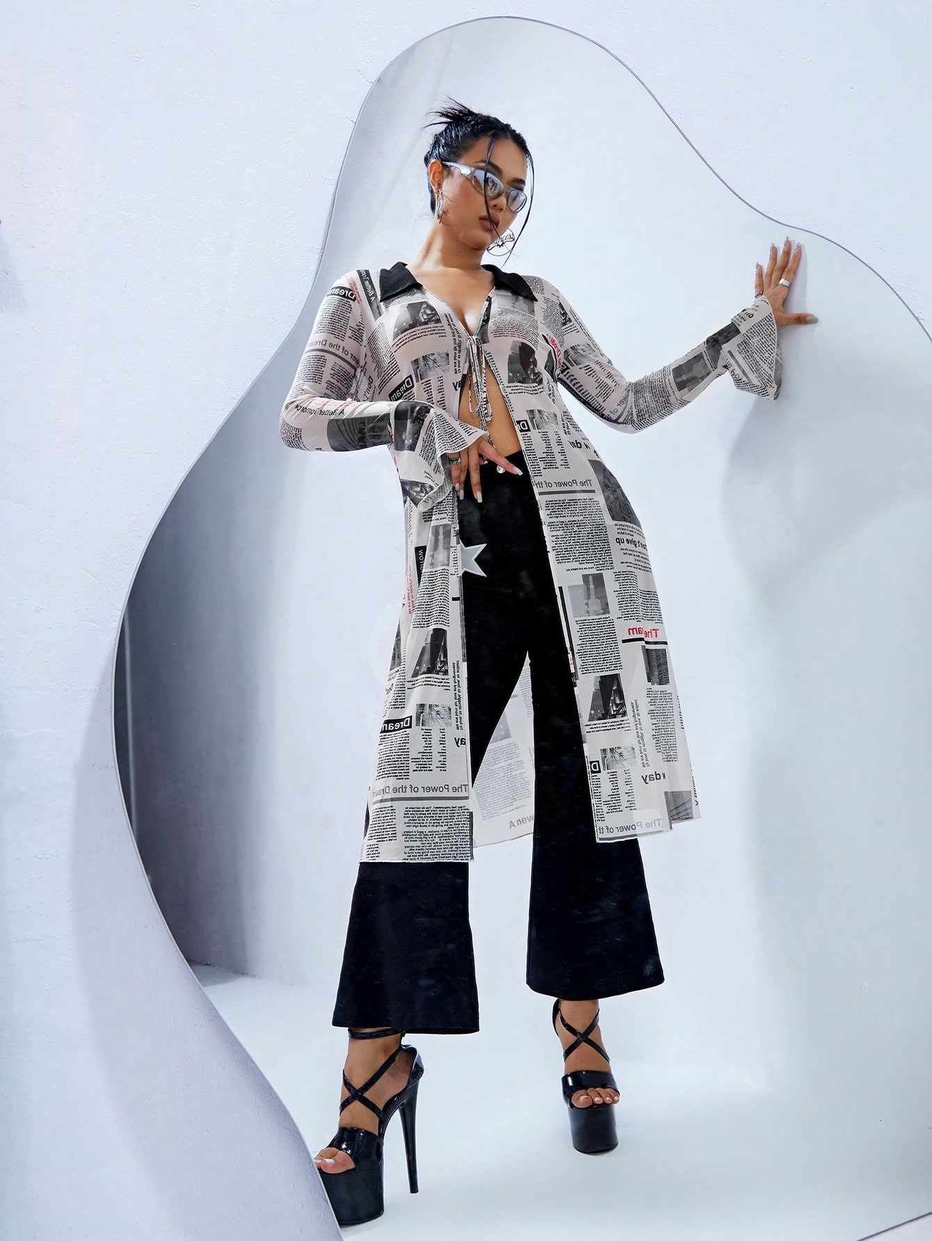 SHEIN ICON Plus Newspaper Print Tie Front Mesh Top | SHEIN UK