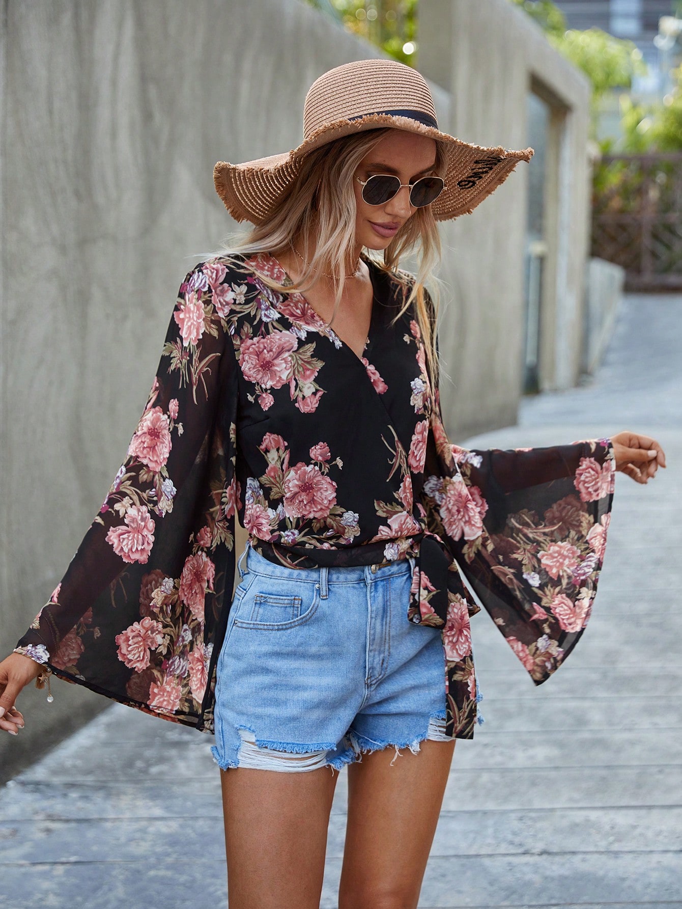 Shein Clasi Floral Print Knot Side Wrap Blouse Shein Usa