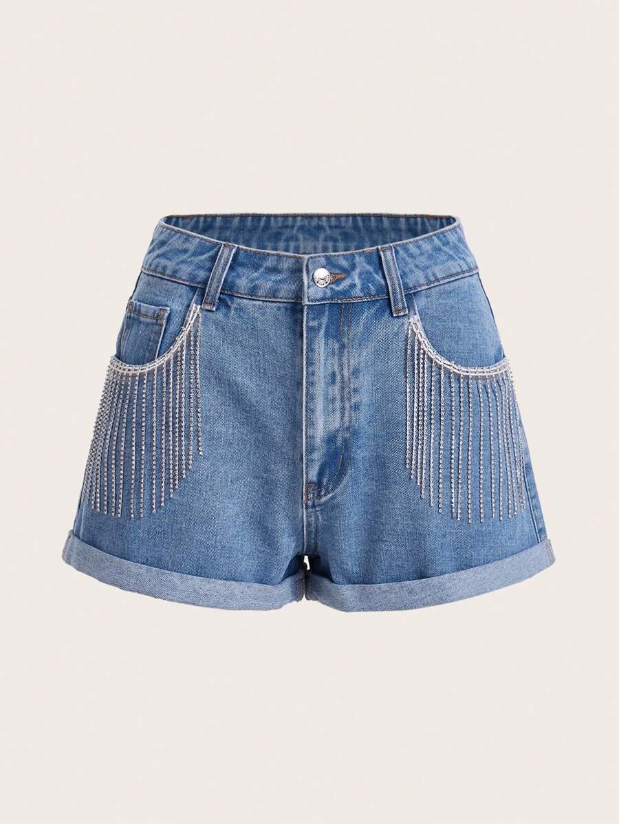 SHEIN MOD Rhinestone Fringe Trim Denim Shorts | SHEIN USA
