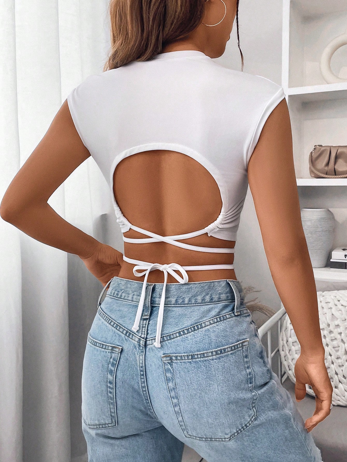 SHEIN Essnce Solid Criss Cross Tie Back Crop Tank Top | SHEIN USA