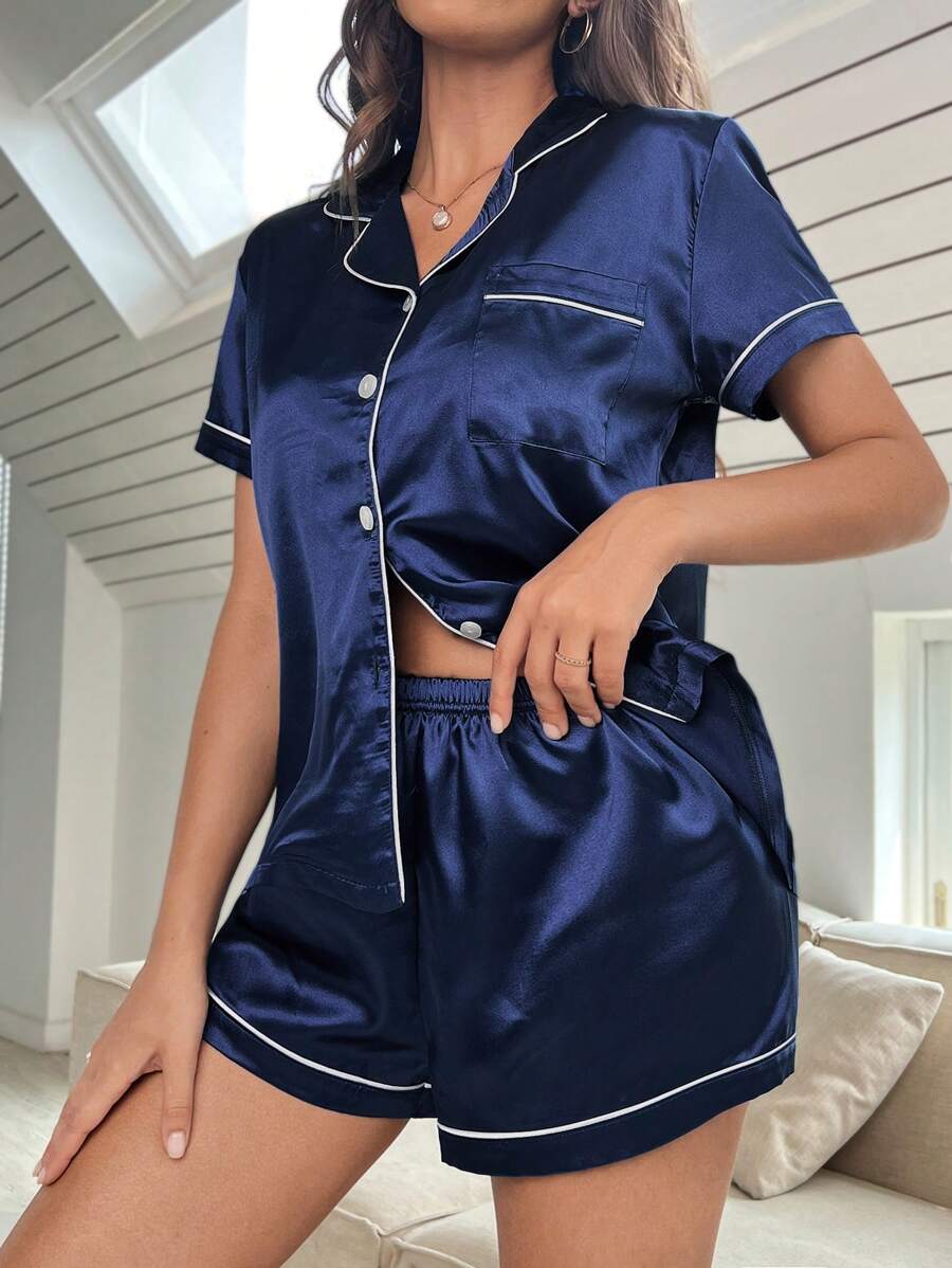 Contrast Piping Satin PJ Set / Pajama Set | SHEIN USA