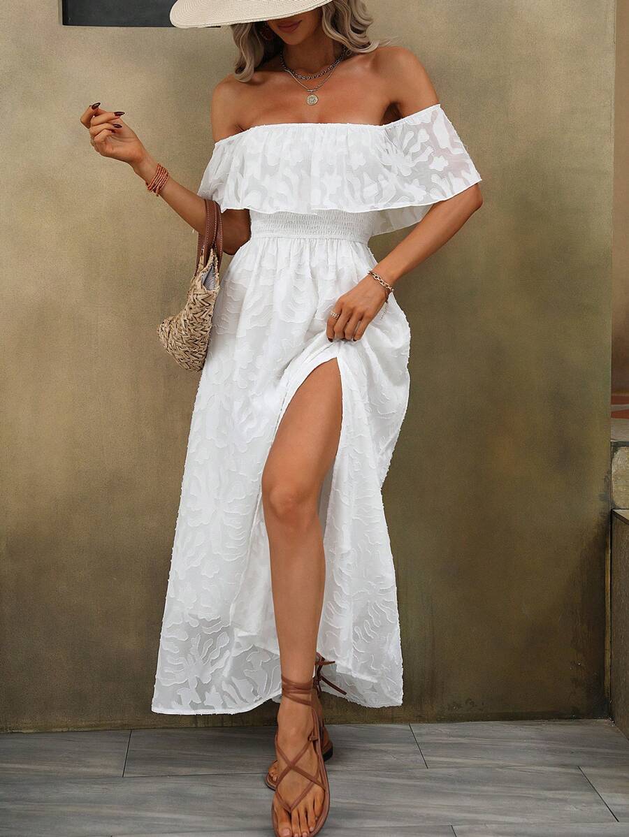 Breezaya Off Shoulder Ruffle Trim Split Thigh Dress Maxi Vacation Beach ...