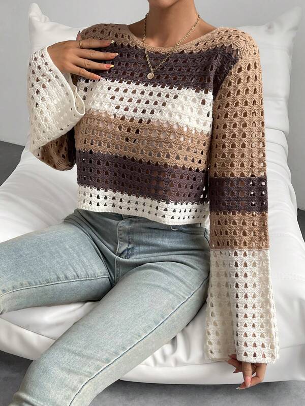 SHEIN Essnce Color Block Open Knit Sweater | SHEIN USA