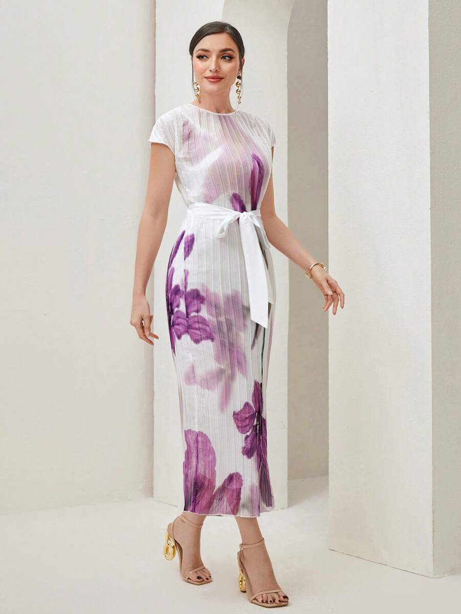 SHEIN Modely Floral Print Belted Dress | SHEIN USA