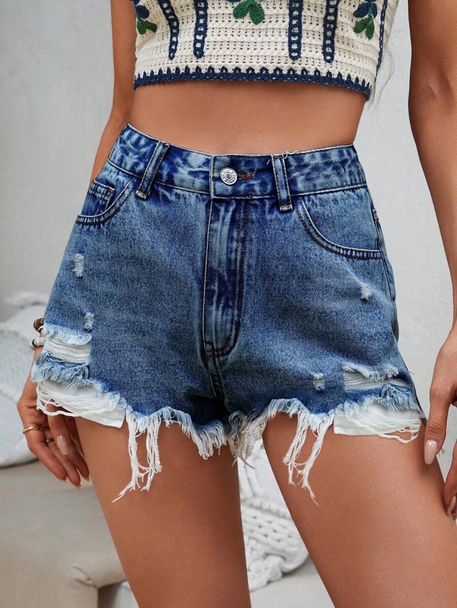Ripped Raw Hem Denim Shorts | SHEIN USA