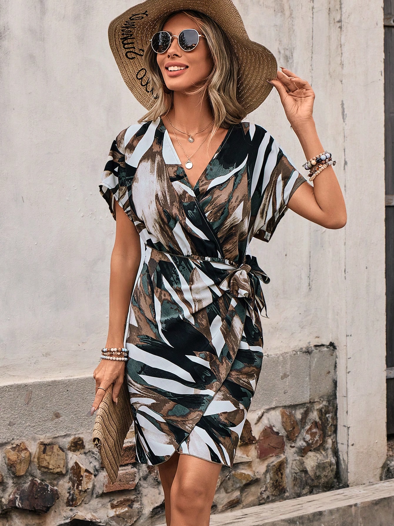 Shein Clasi Allover Print Batwing Sleeve Knot Side Wrap Dress For Sale