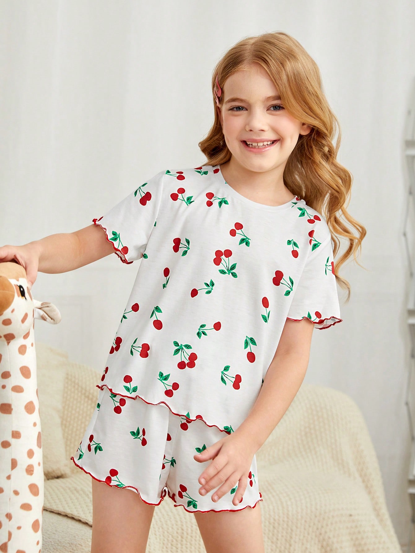SHEIN Tween Girl Cherry Print Lettuce Trim Tee & Shorts PJ Set | SHEIN USA