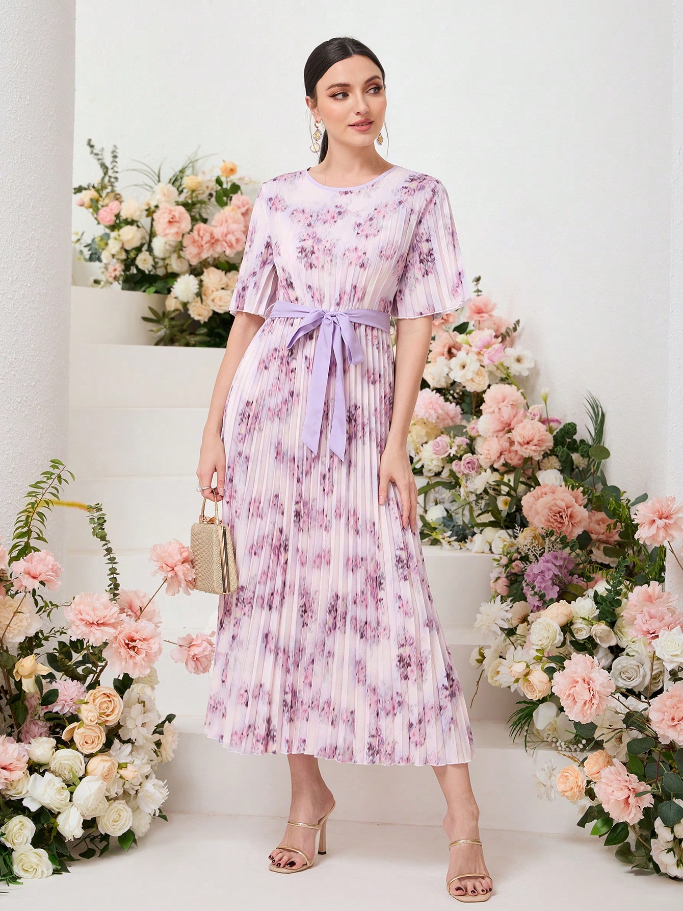 SHEIN Modely Floral Print Pleated Hem Belted Dress | SHEIN UK