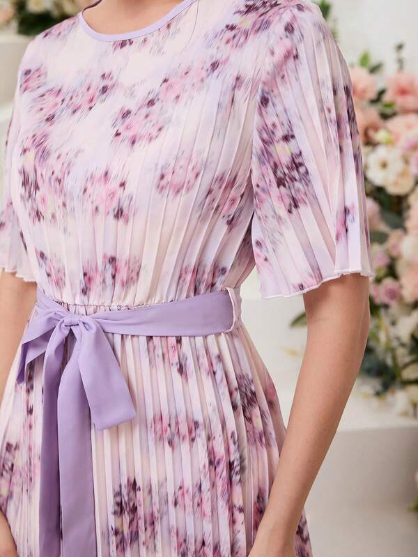 SHEIN Modely Floral Print Pleated Hem Belted Dress for Sale Australia| New Collection Online ...