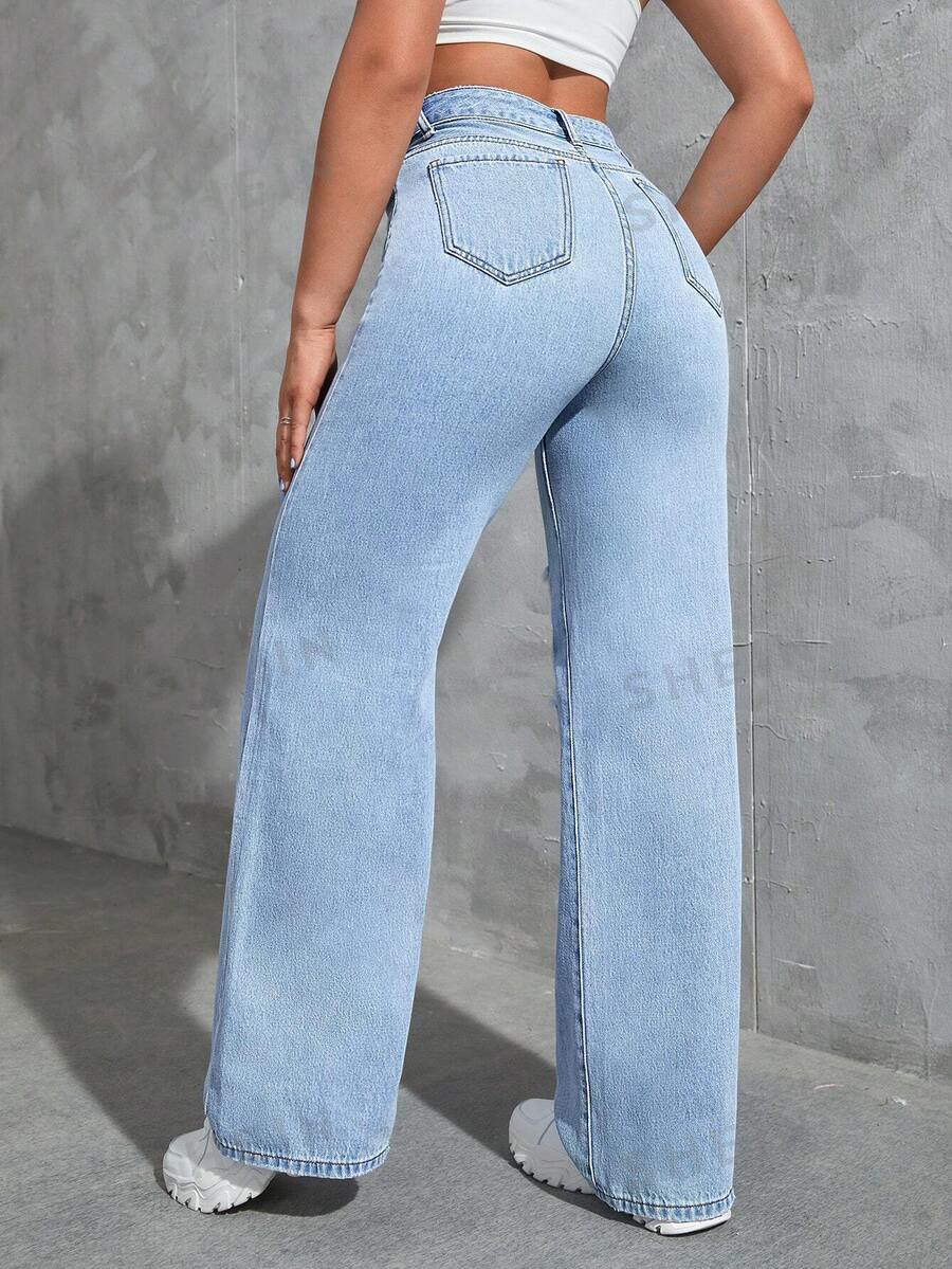 SHEIN EZwear Ripped Wide Leg Blue Jeans | SHEIN USA