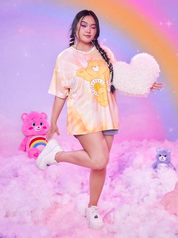 Romwe X Care Bears Plus Tie Dye Bear Print Drop Shoulder Tee Shein