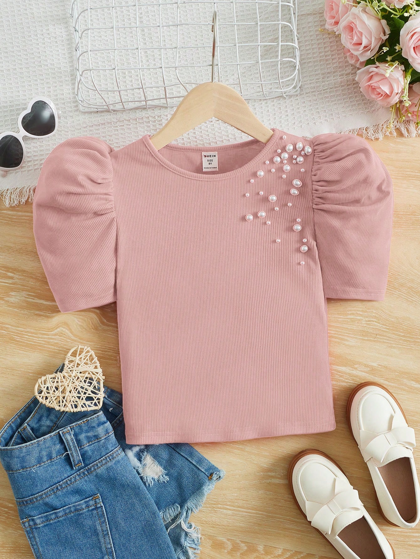 SHEIN Tween Girl Pearls Beaded Puff Sleeve Ribbed Knit Tee | SHEIN USA