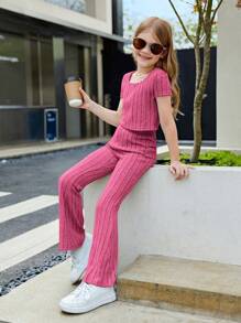 SHEIN Tween Girl Solid Color Casual Knitwear 2pcs/Set, Square Neck T ...