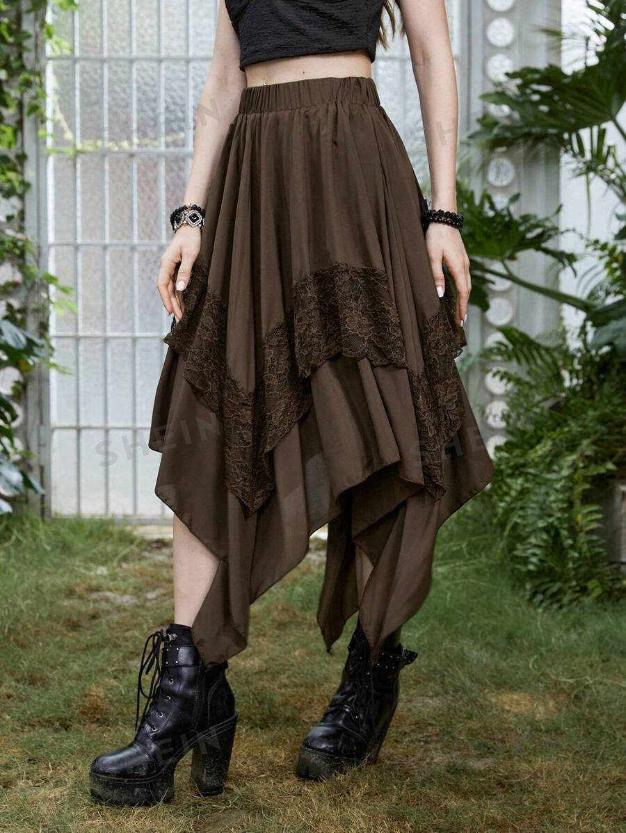 ROMWE Goth Contrast Lace Hanky Hem Skirt | SHEIN USA