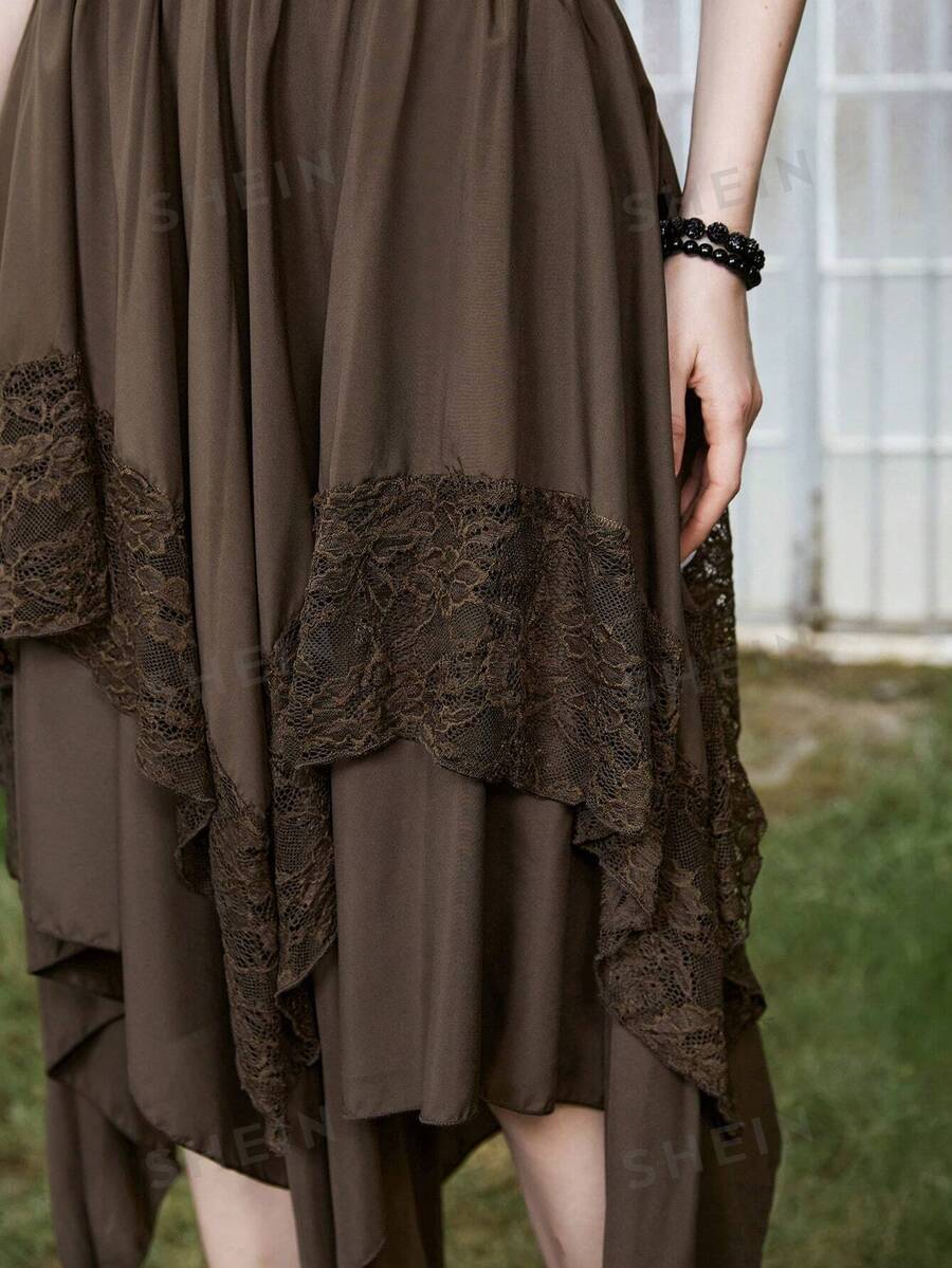 ROMWE Goth Contrast Lace Hanky Hem Skirt | SHEIN USA