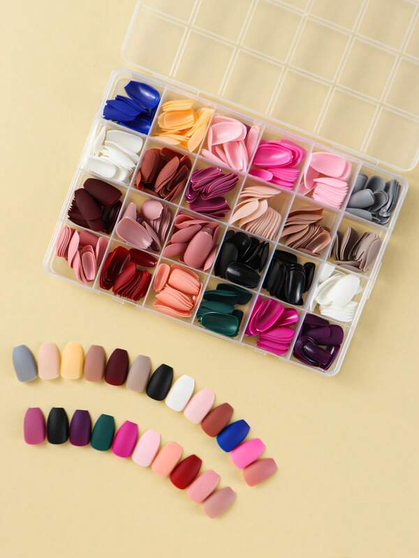 24 Grids Matte Short Ballet Nails, Frosted False Nails Set With Color ...