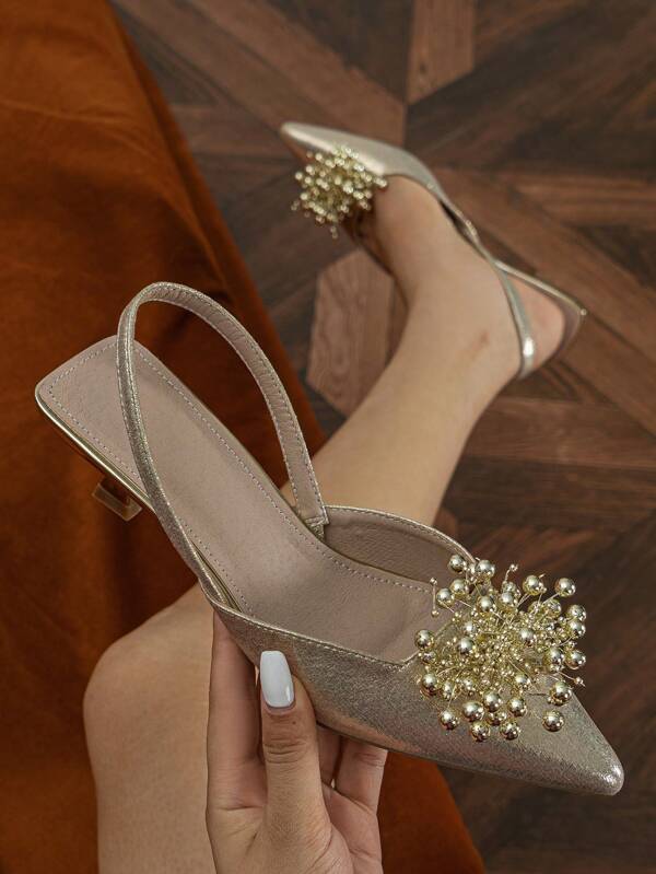 Glamorous Gold Pumps For Women, Metallic Bead Decor Point Toe Pyramid ...
