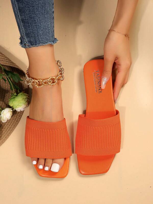 Women Single Band Flat Sandals, Funky Orange Fabric Slide Sandals ...