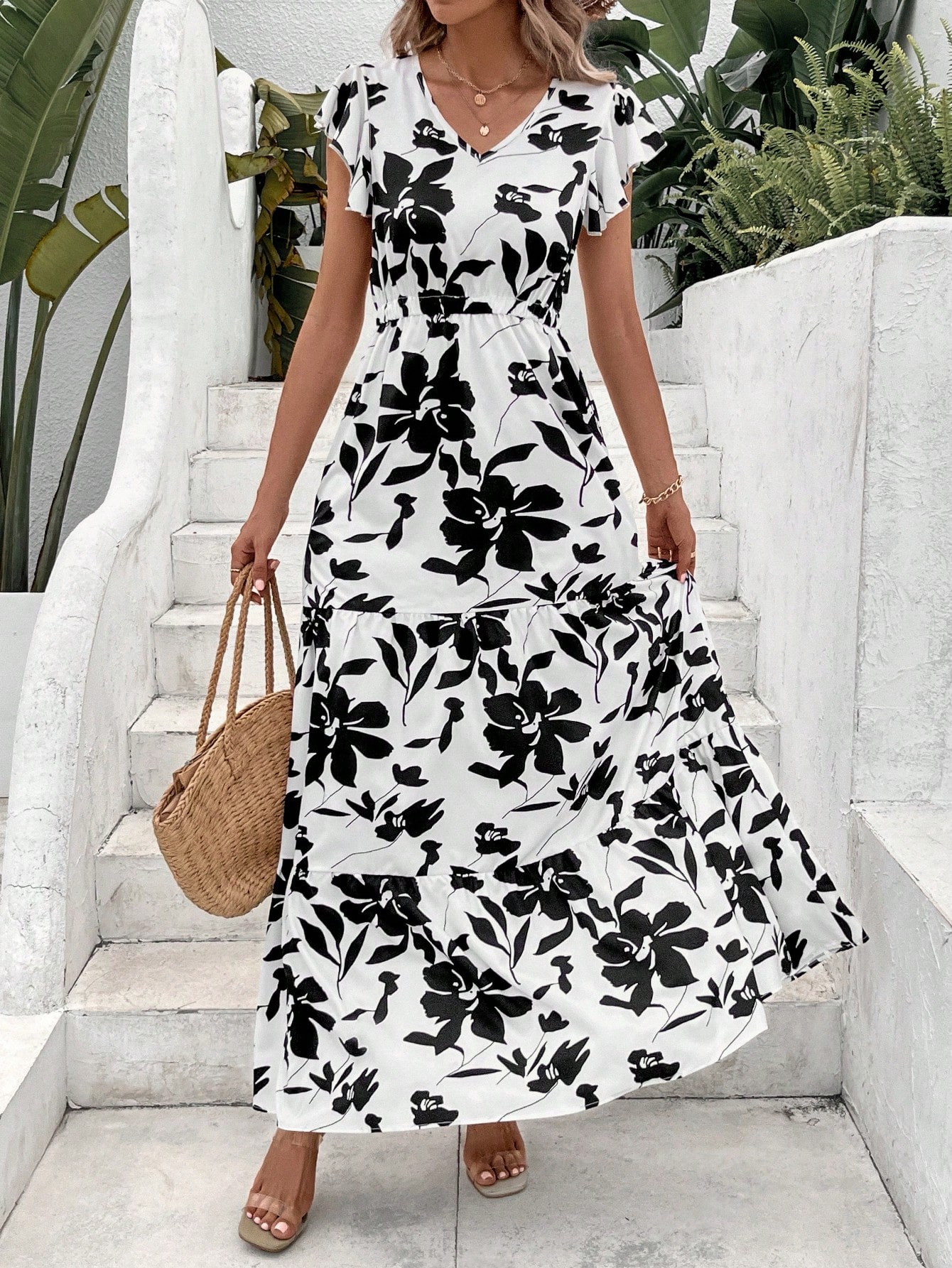 SHEIN VCAY Floral Print Butterfly Sleeve Ruffle Hem Dress | SHEIN USA