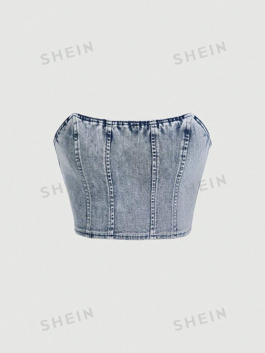 SHEIN MOD Zip Back Tube Denim Top | SHEIN UK