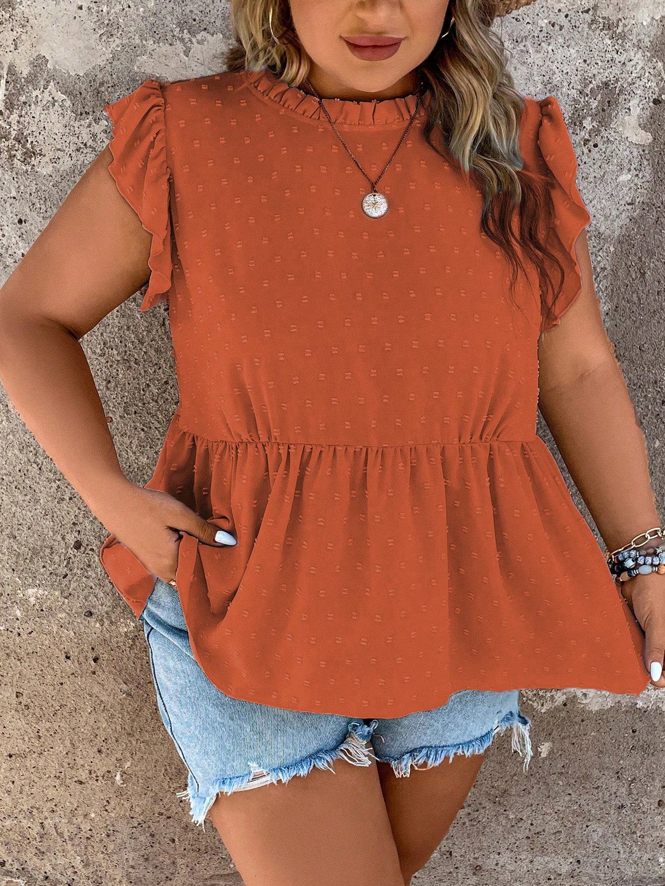 Shein Lune Plus Swiss Dot Frill Neck Ruffle Trim Peplum Blouse Shein Usa