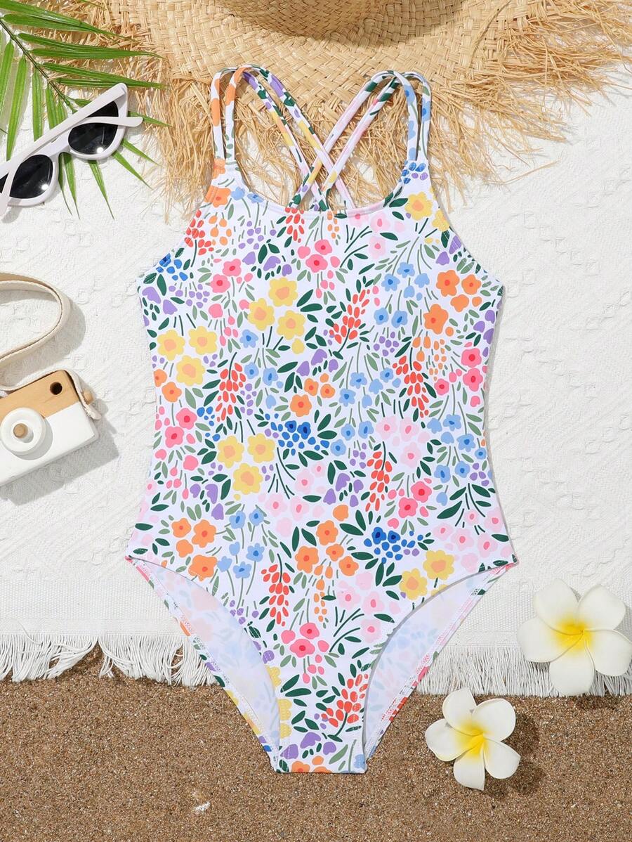 Tween Girl Floral Print Criss Cross Back One Piece Swimsuit | SHEIN USA