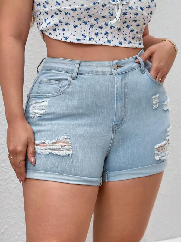 Shein Essnce Plus Ripped Roll Up Hem Denim Shorts Shein Usa
