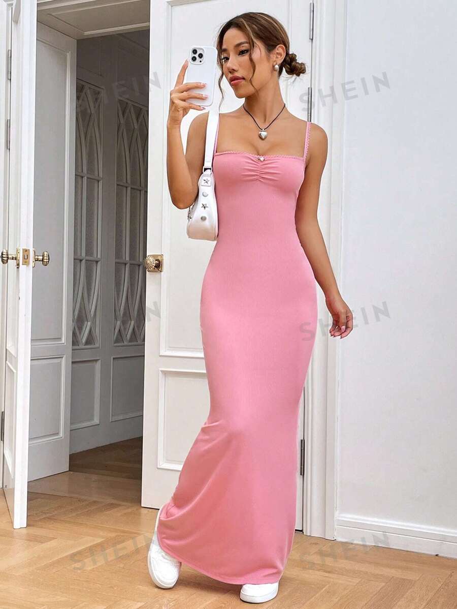 SHEIN EZwear Vestido De Tirantes Rosa Sólido Con Detalle Fruncido En El ...