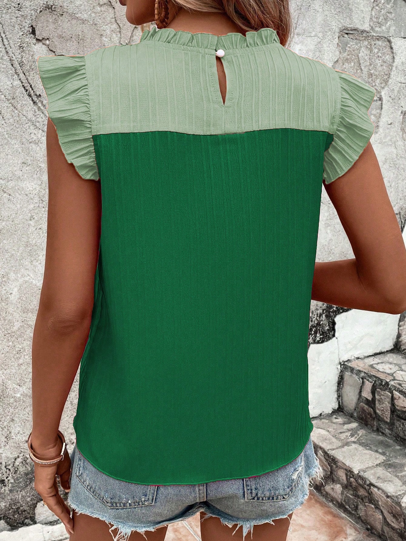 Shein Lune Two Tone Frill Neck Ruffle Trim Keyhole Back Blouse Shein Usa