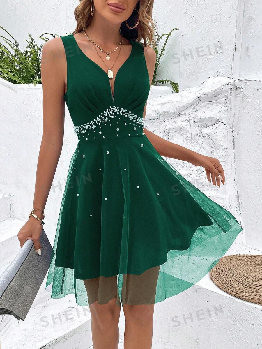 SHEIN Clasi Pearls Beaded Mesh Overlay Dress for Sale Australia| New ...