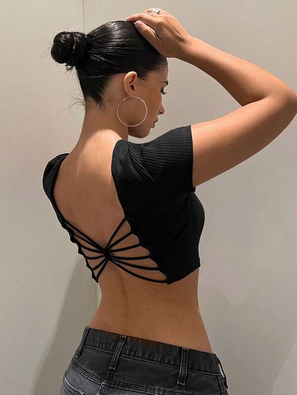 Shein X Doris Jocelyn Shein Icon Solid Criss Cross Backless Crop Tee