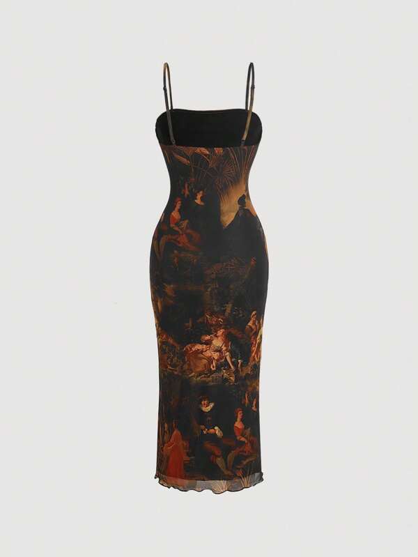 Shein Mod Figure Graphic Lettuce Trim Mesh Cami Dress Shein South Africa