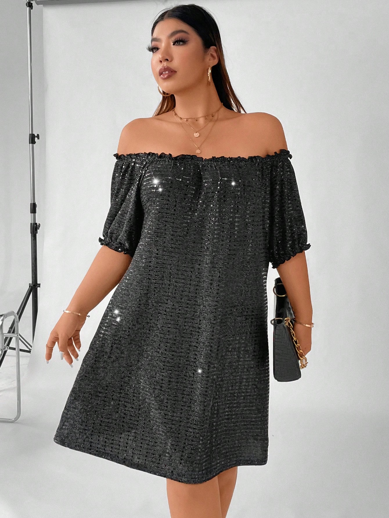 SHEIN BAE Plus Size Black Sparkle Sheath Dress/ Cape Dress | SHEIN USA