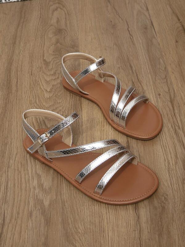 Women Metallic Snakeskin Embossed Ankle Strap Sandals, Glamorous Silver ...