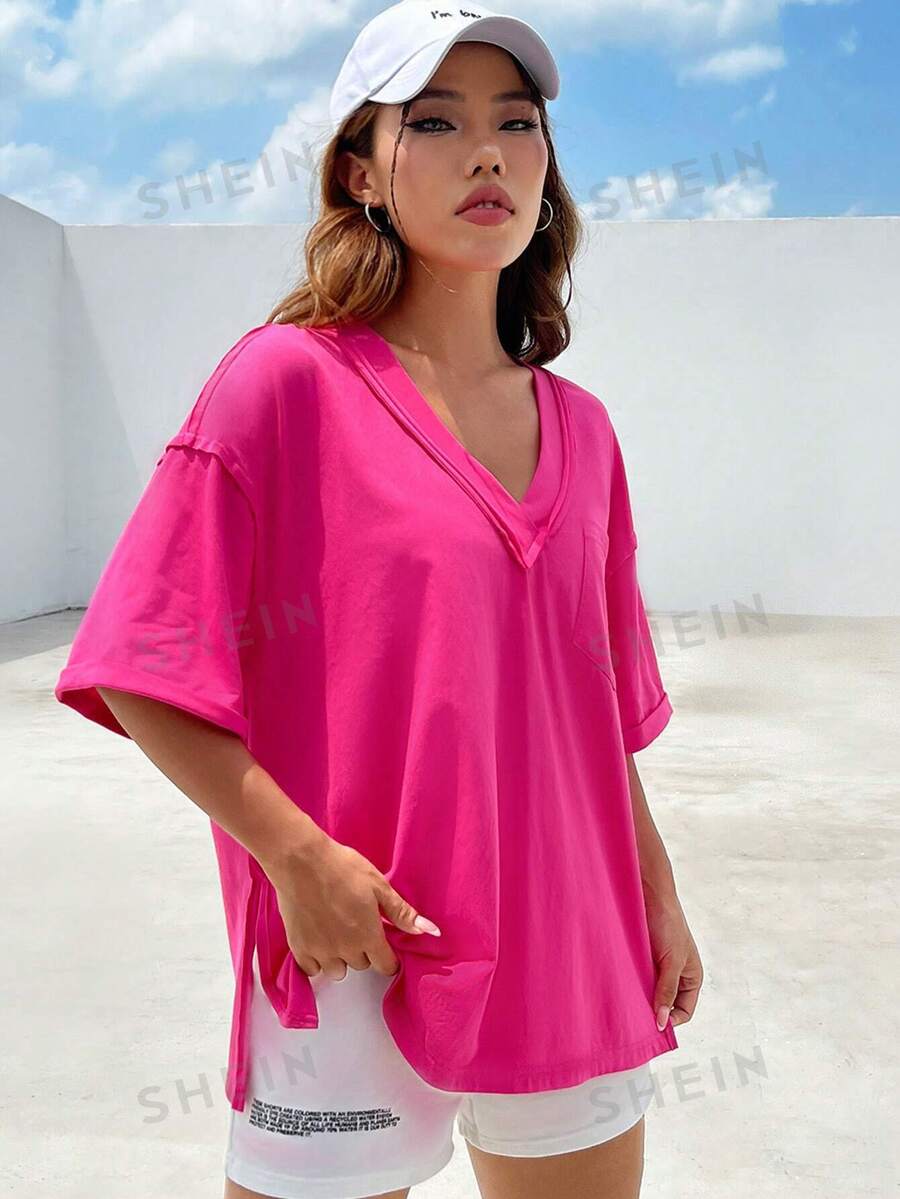 Shein Ezwear Solid Drop Shoulder Pocket Patched V Neck Tee Shein Usa