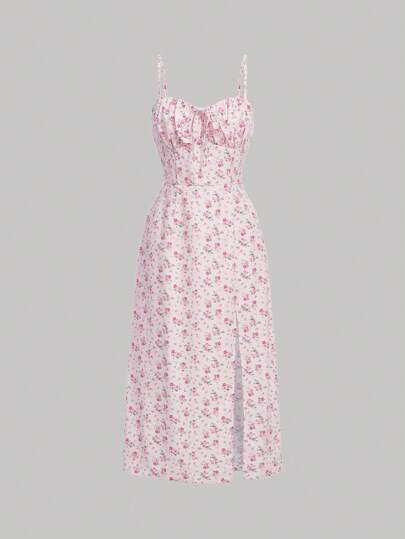 SHEIN MOD Ditsy Floral Print Split Thigh Cami Breast Cup Retraction ...