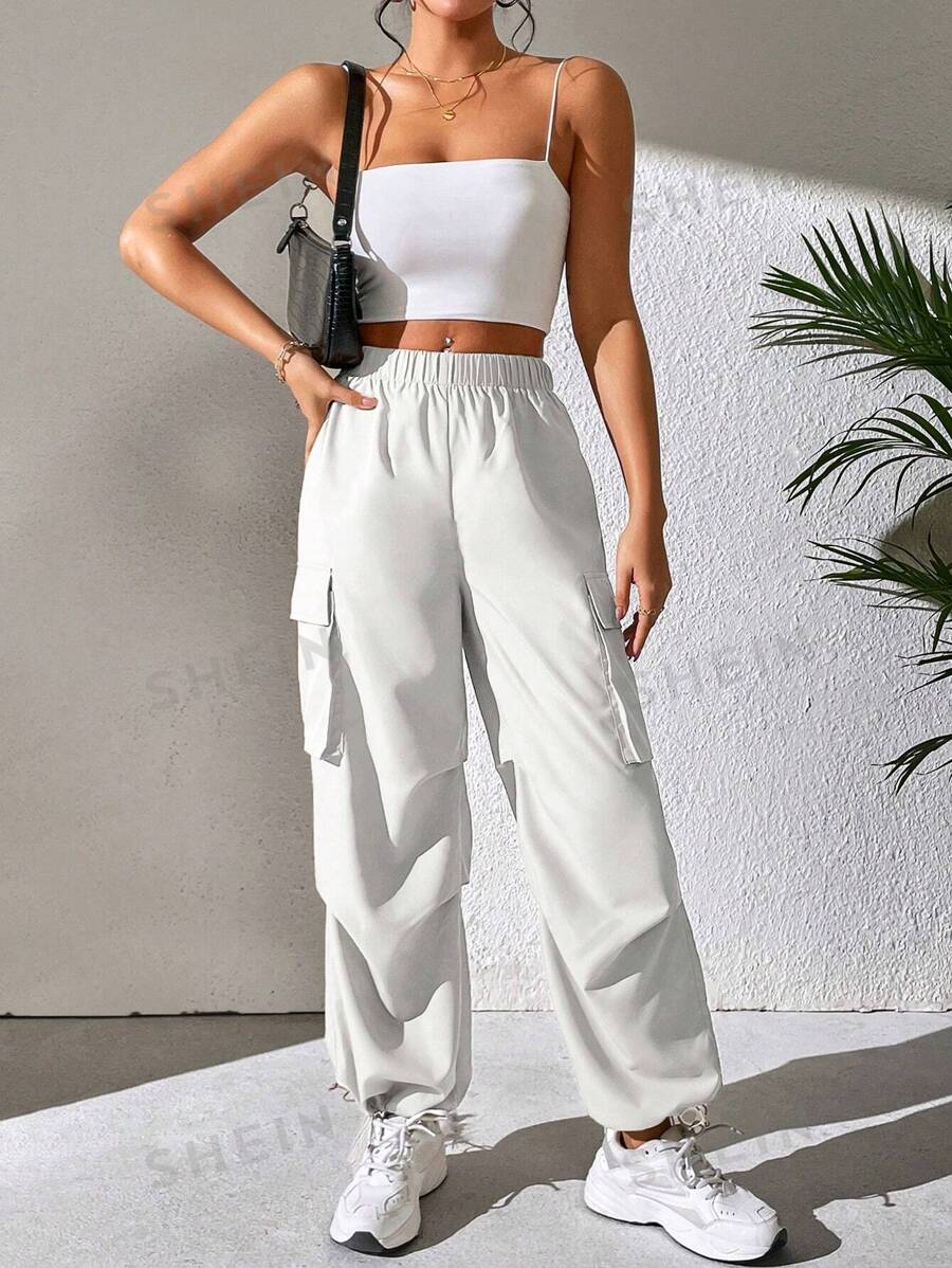 SHEIN PETITE Pantalones De Vestir De Carga Con Bolsillo De Solapa En El ...