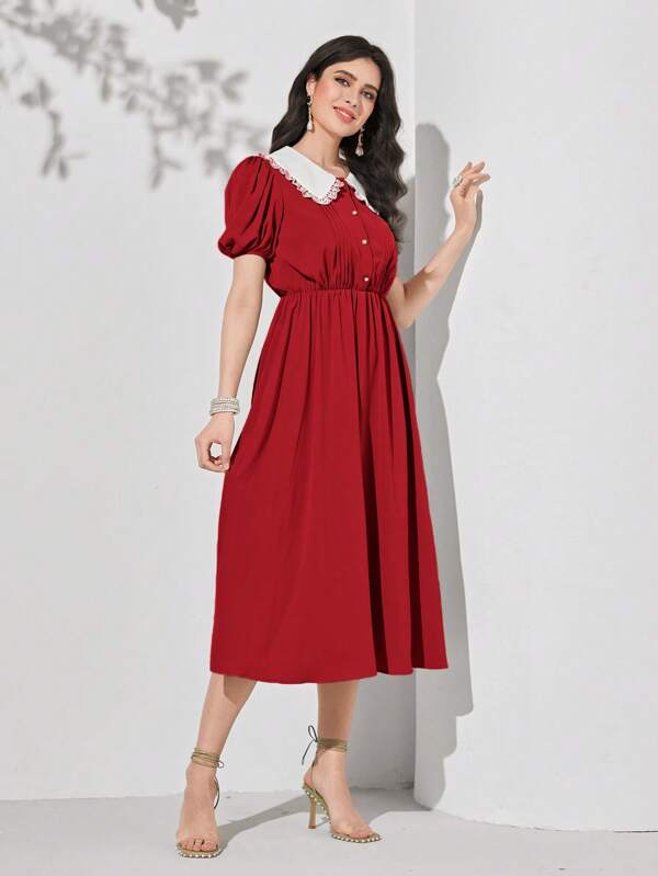 Shein Mulvari Contrast Collar Puff Sleeve Dress Without Belt Shein Usa