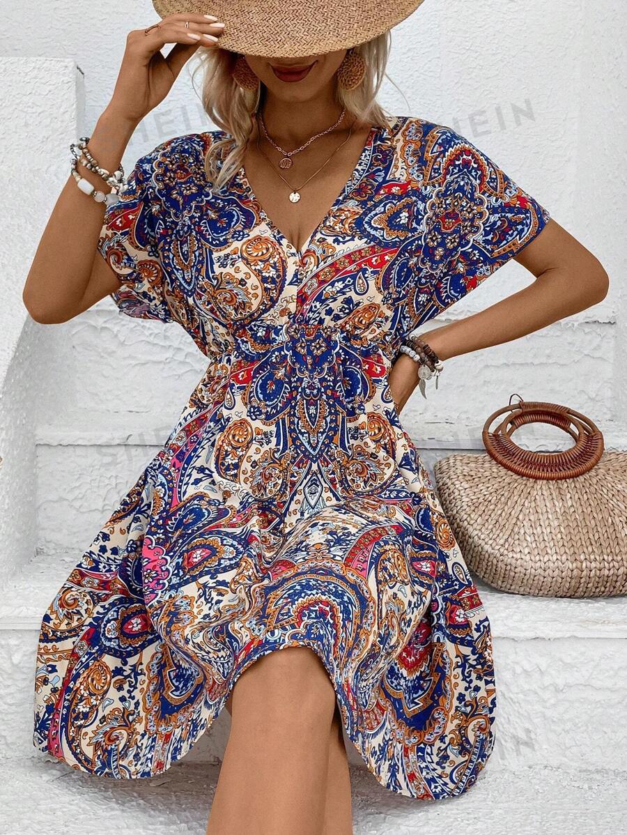 Shein Lune Paisley Print Batwing Sleeve Ruffle Hem Dress Shein Usa