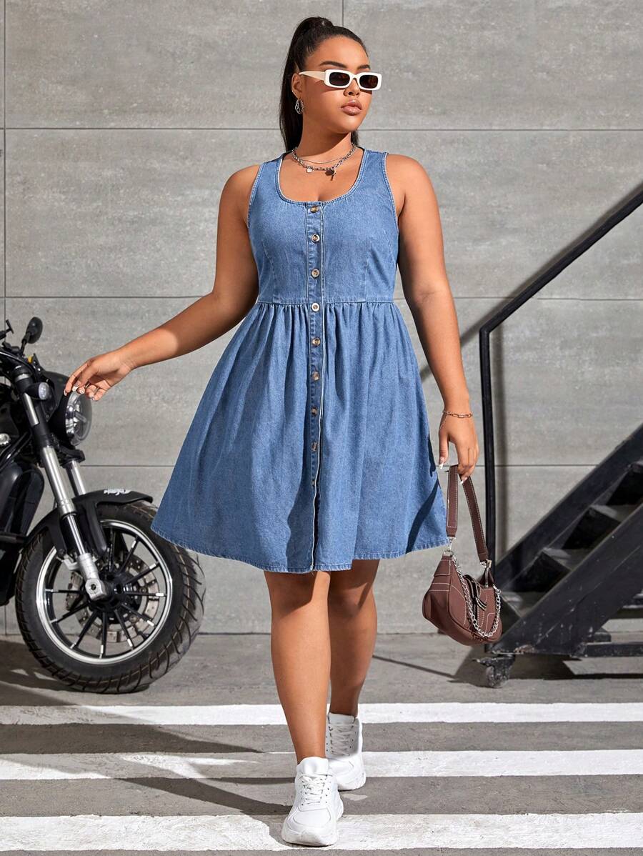 Plus Button Front Denim Dress | SHEIN USA