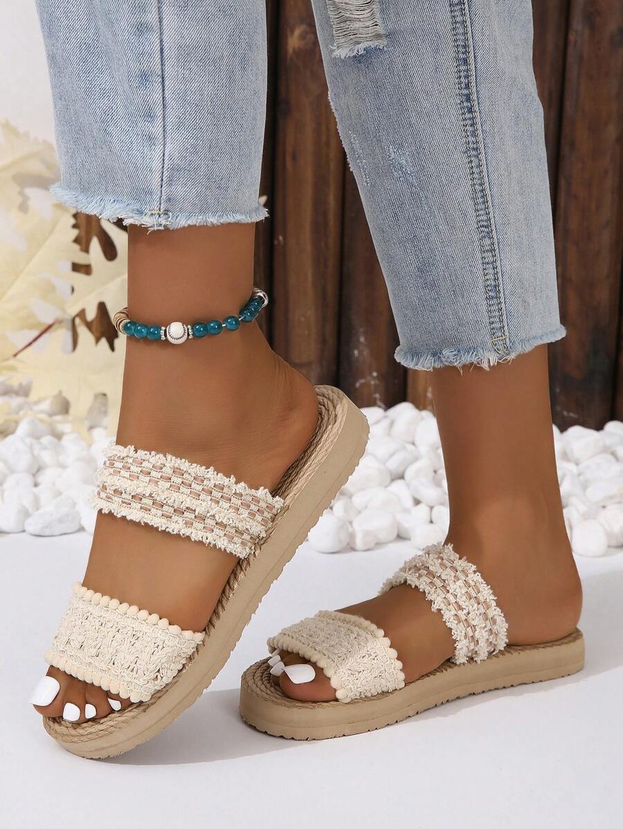 Women Minimalist Braided Detail Slide Sandals, Fabric Vacation Sandals ...