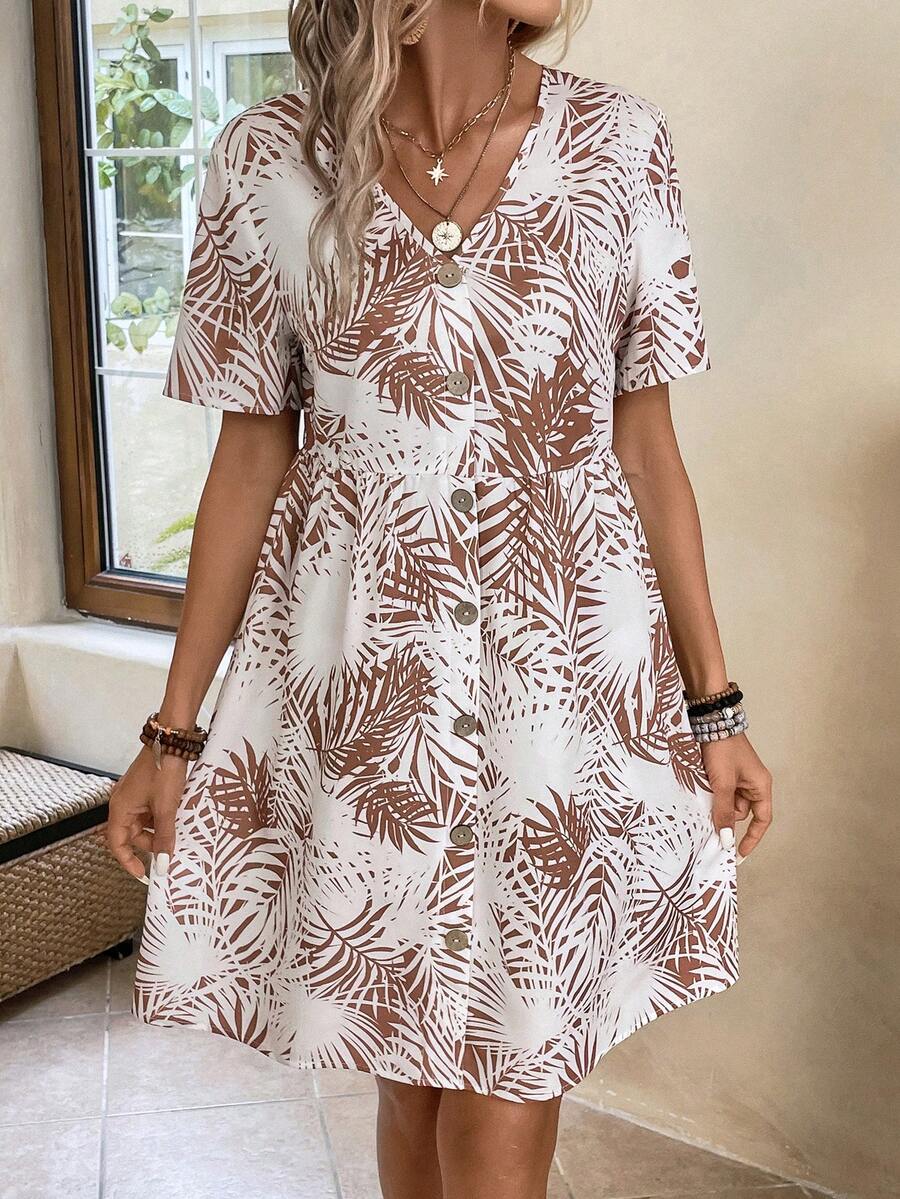 EMERY ROSE Tropical Print Button Front Smock Dress | SHEIN USA